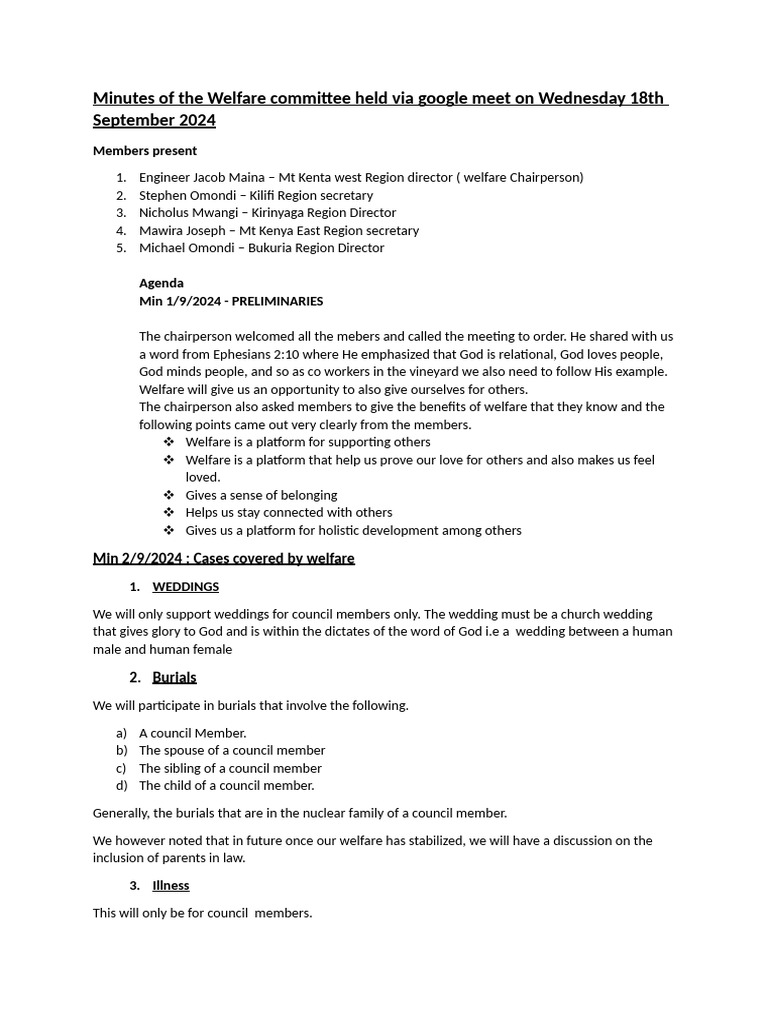 Minutes of The Welfare Committee Held Via Google Meet On Wednesday 18th ...