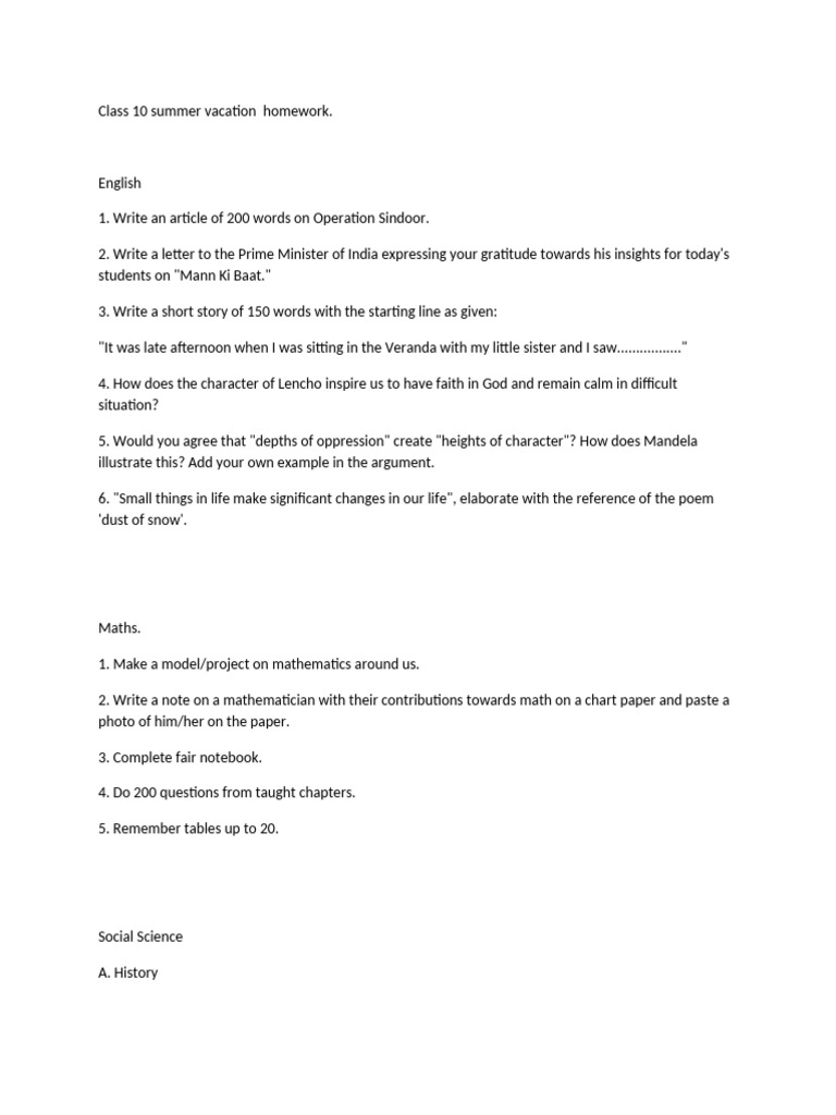 Class 10 Summer Vacation | PDF