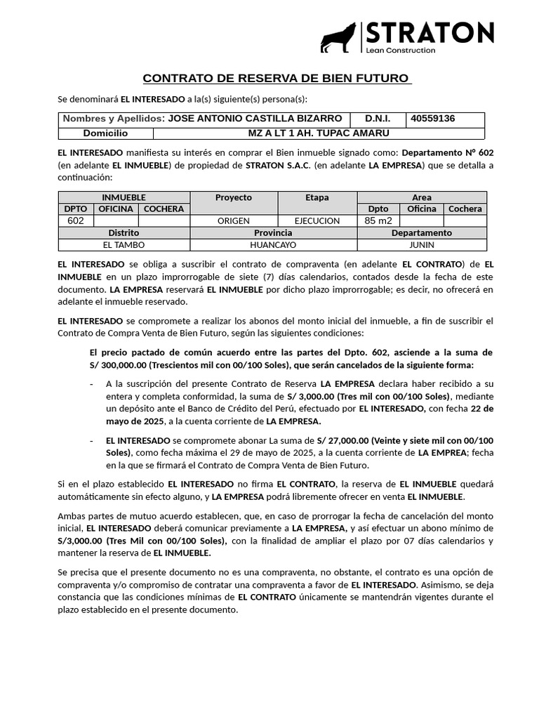 Modelo de Contrato - de - Reserva - Bien - Futuro - Straton | PDF