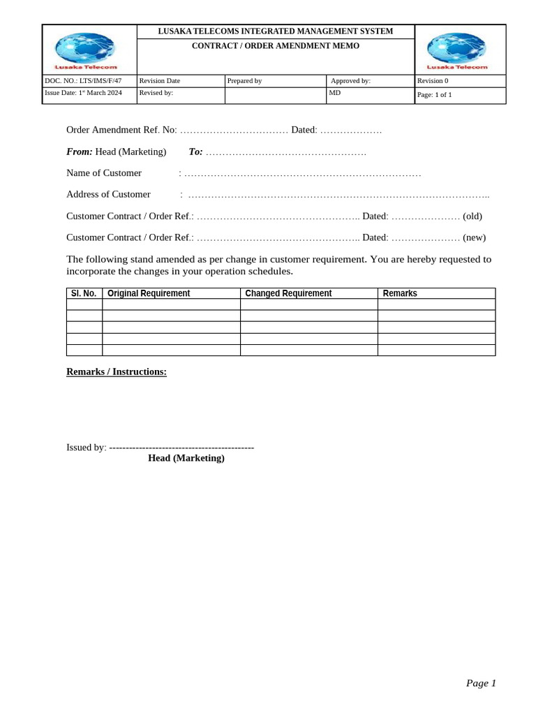 Form - Contract or Order Amendment Memo | PDF