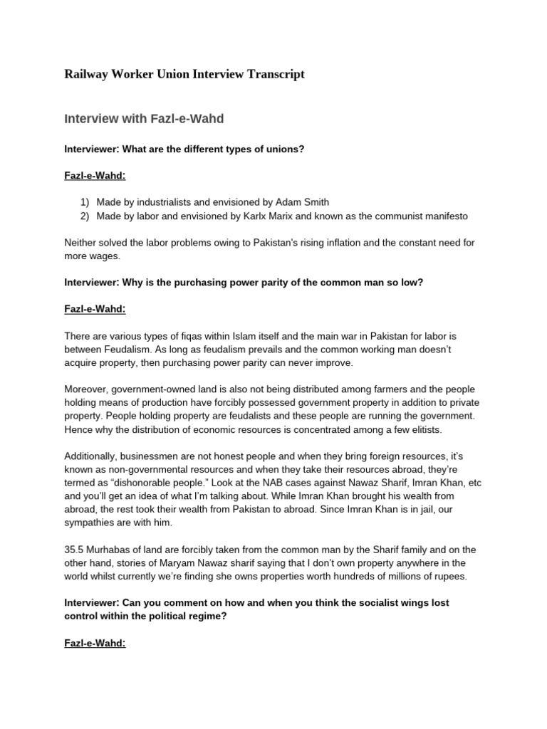 Railway Worker Union Interview Transcript | PDF | Pakistan | Robert Mugabe