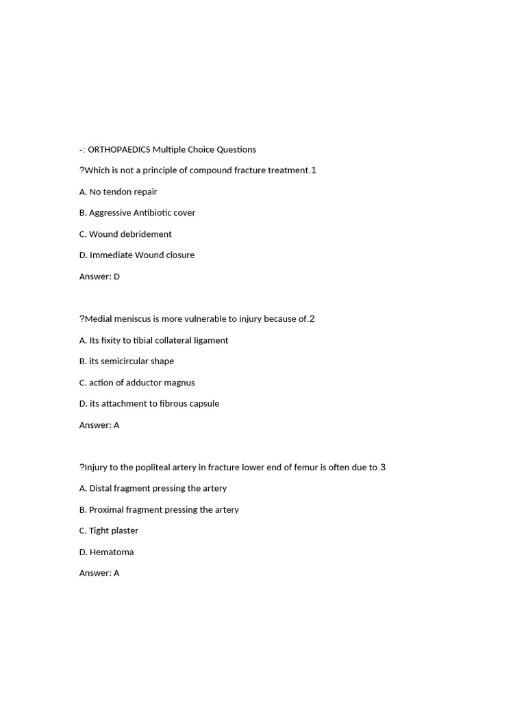 Orthopaedics MCQs and Answers Guide | PDF | Elbow | Hip
