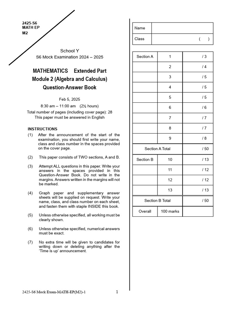 24-25 S6 Math (EP, M2) Mock Examination | PDF | Mathematics | Real Number