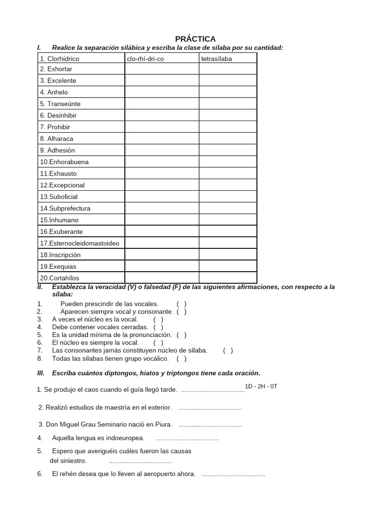 Práctica - La Sílaba | PDF | Sílaba | Vocal