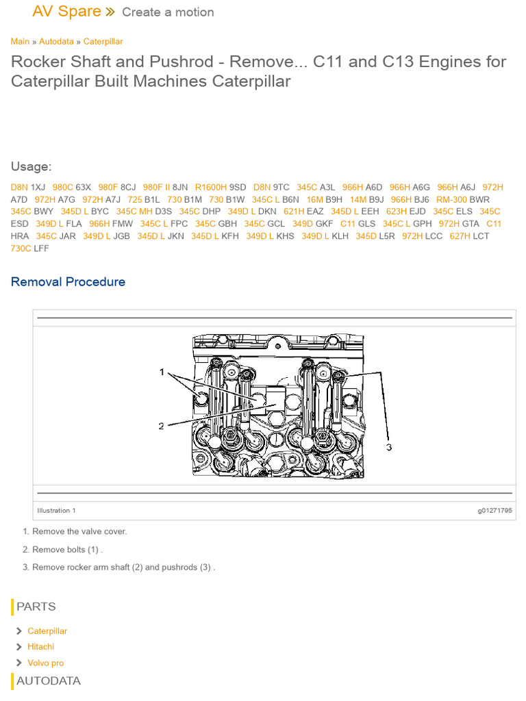 Rocker Shaft and Pushrod - Remove... C1... Ilt Machines Caterpillar ...