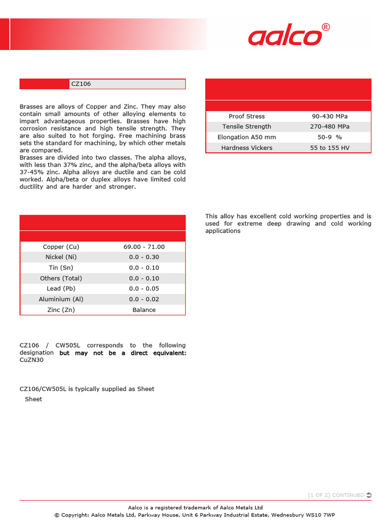 Aalco Metals LTD - Copper and Copper Alloys CW505L Sheet - 296 | PDF ...