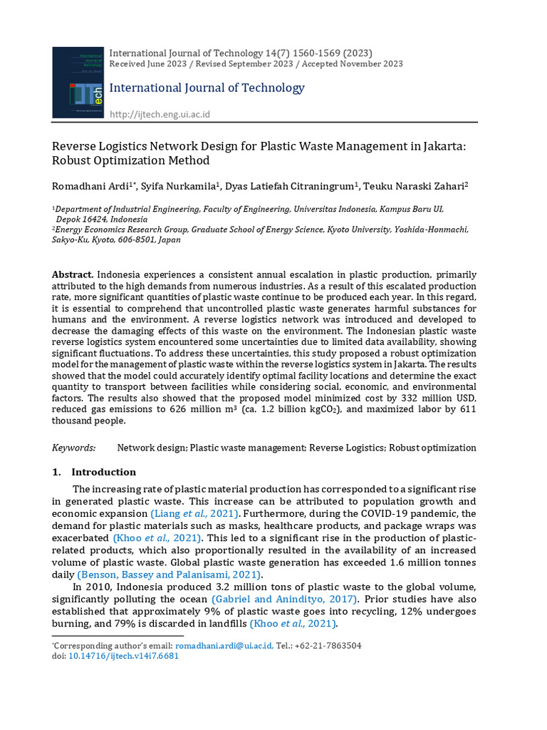 IJTech - IE 6681 - Reverse Logistics Network Design For Plastic Waste | PDF | Waste Management ...