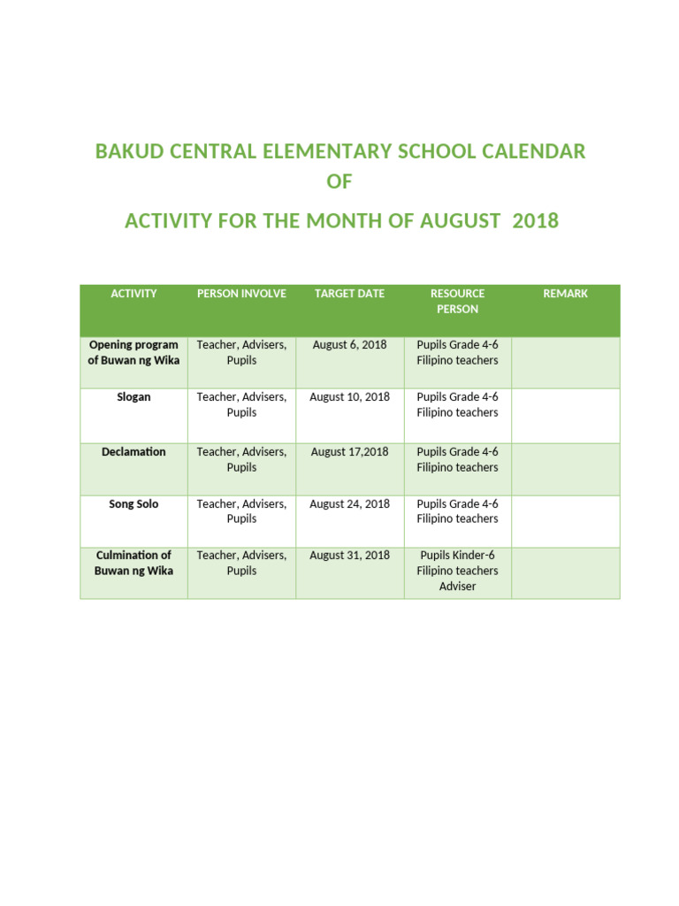 Bakud Central Elementary School Calendar of | PDF