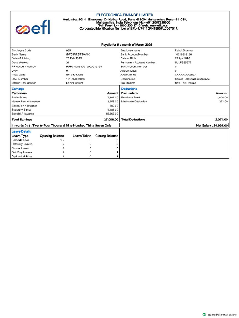 Payslip 2024 2025 3 9654 EFLTD | PDF