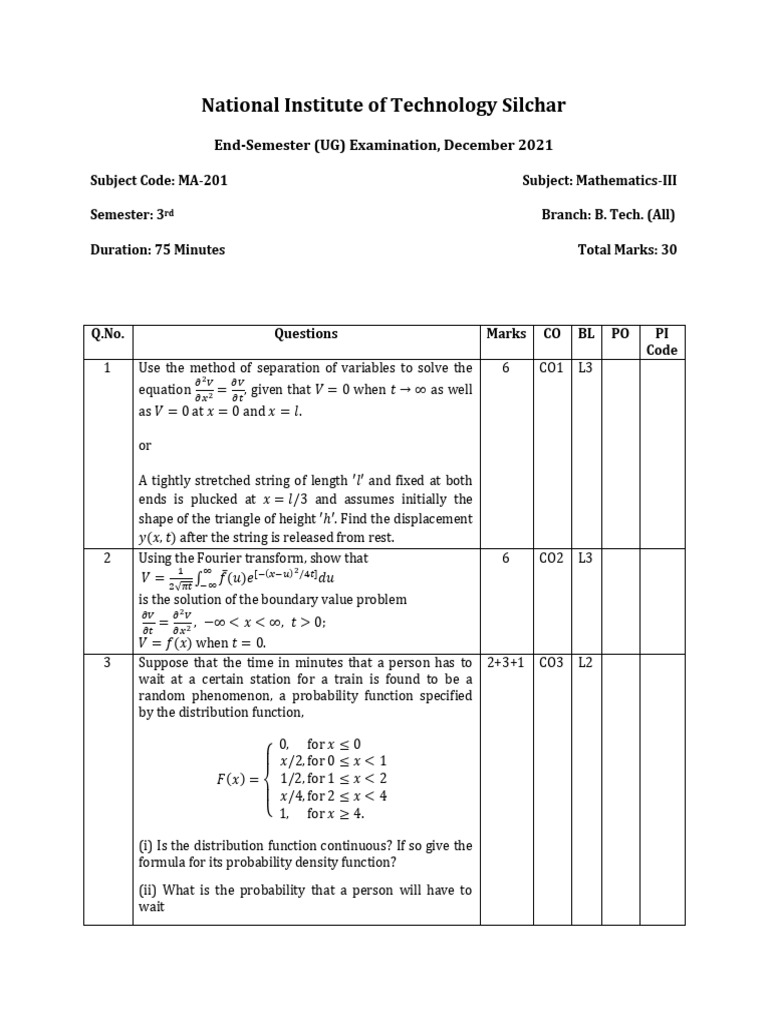 MA201 Mathematics III End Sem QN 2021 | PDF | Applied Mathematics | Mathematical Concepts