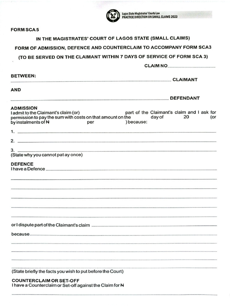 FORM SCA 5 (Forms For Admission, Defence, Counterclaim) | PDF