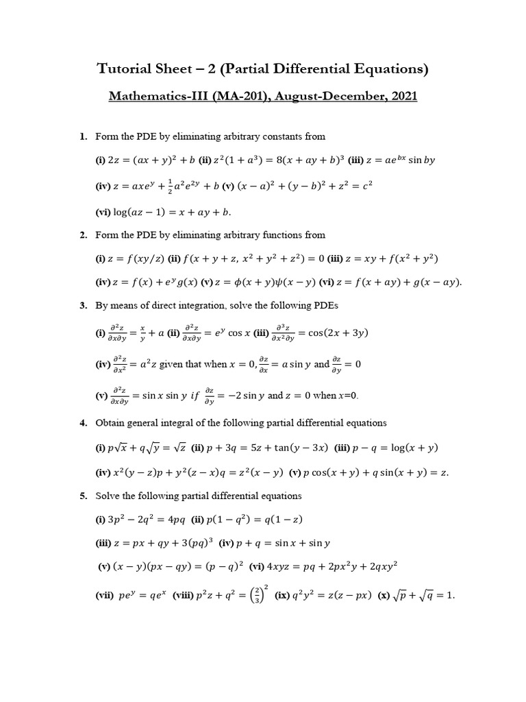 Tutorial Sheet 2 Partial Differential Equations | PDF | Partial Differential Equation ...