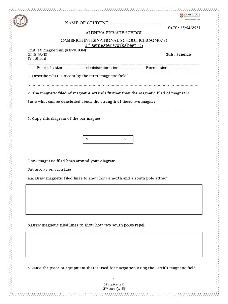 3rd Semester Science Worksheet on Magnetism | PDF | Physical Phenomena ...