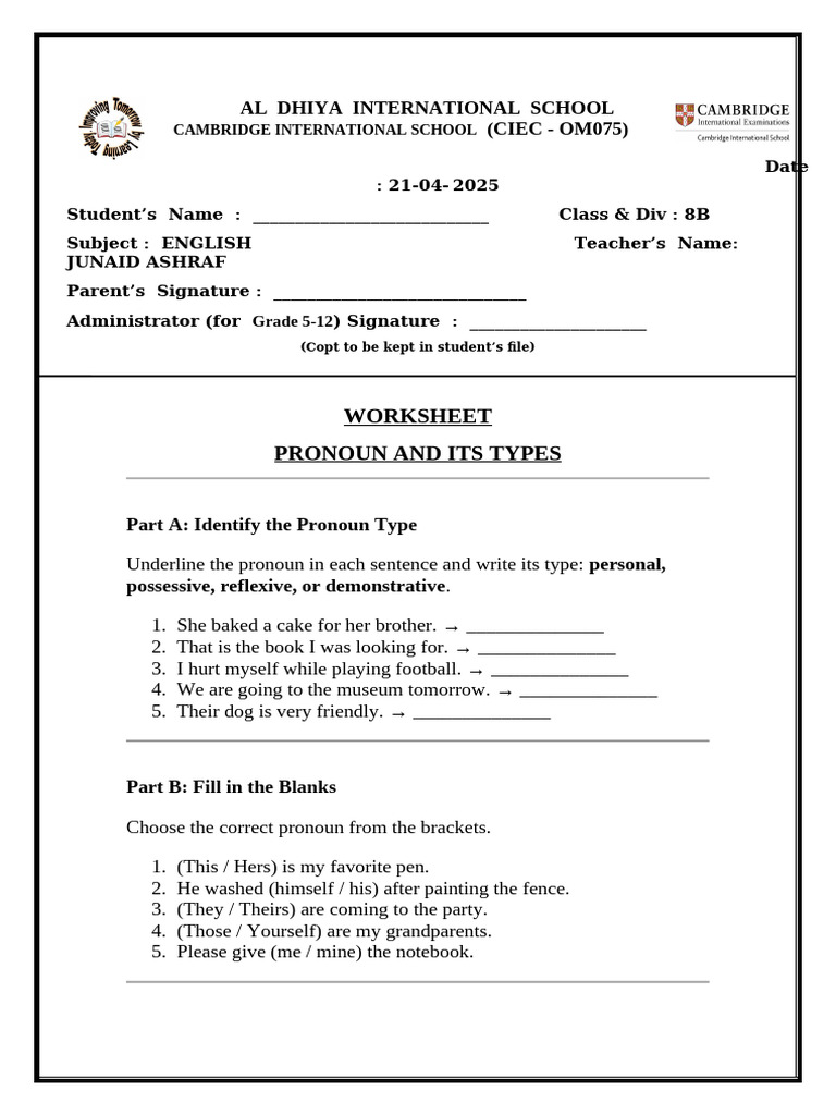 Pronoun Types Worksheet for Grade 8 | PDF