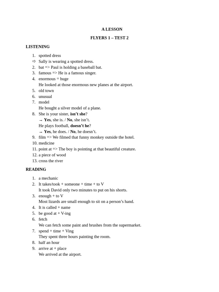 Flyers 1 Test 2 Listening & Reading | PDF