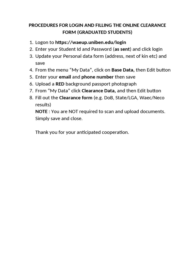 Procedures For Login and Filling The Online Clearance Form - Graduated ...