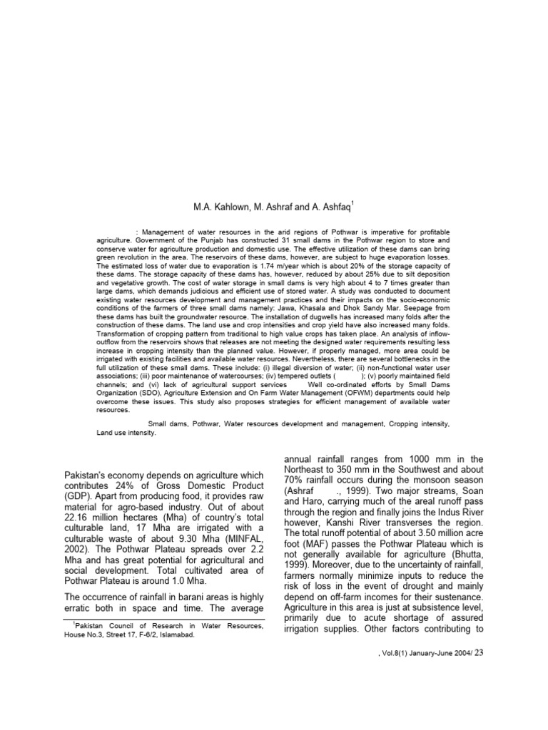 Contribution of Small Dams in The Development of Water Resources of The Pothwar Region | PDF ...