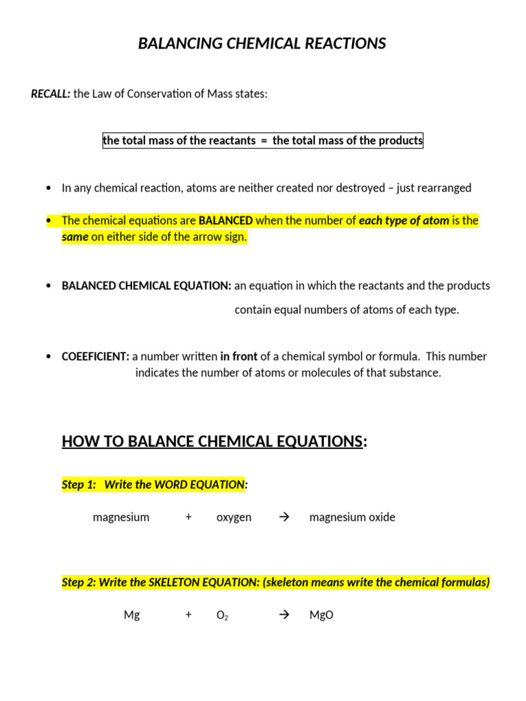 How to Balance Chemical Reactions | PDF