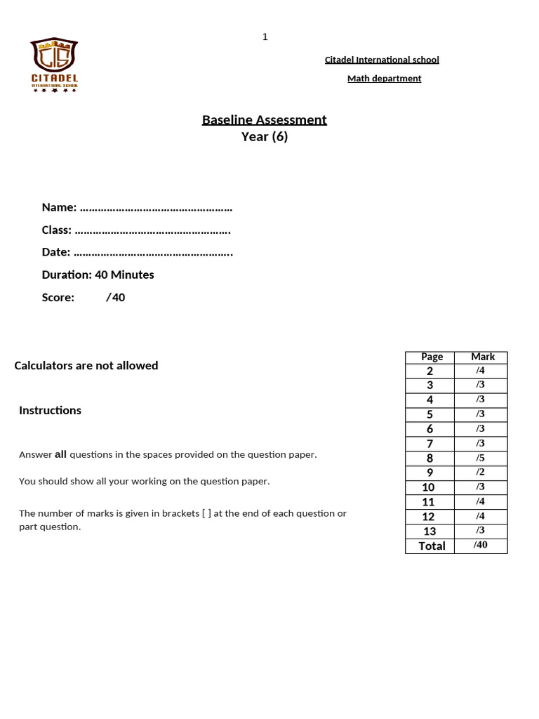Year 6 Maths Baseline Assessment | PDF | Elementary Geometry ...