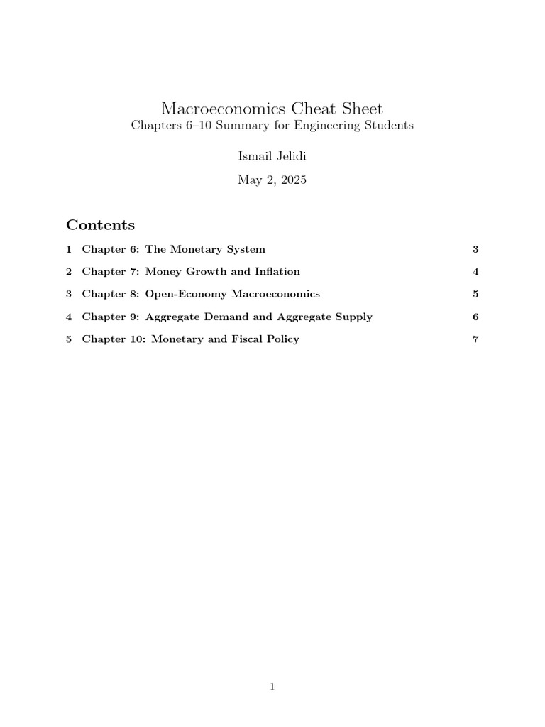 Macroeconomics Cheat Sheet For Exams Pdf Money Monetary Policy
