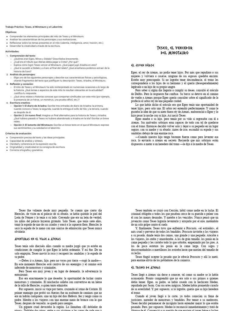 Mito de Teseo y el Minotauro: Análisis y Actividades | PDF | Minotauro ...