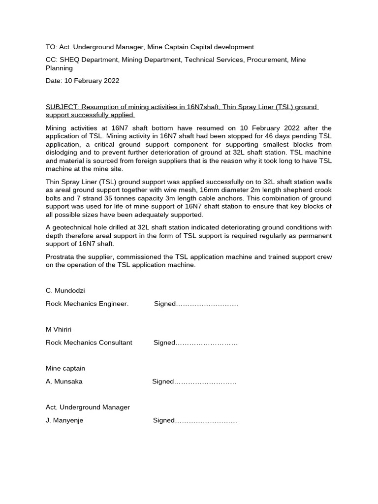 Resumption of Mining Activity in 16N7 Shaft Ater The Delivery of TSL | PDF