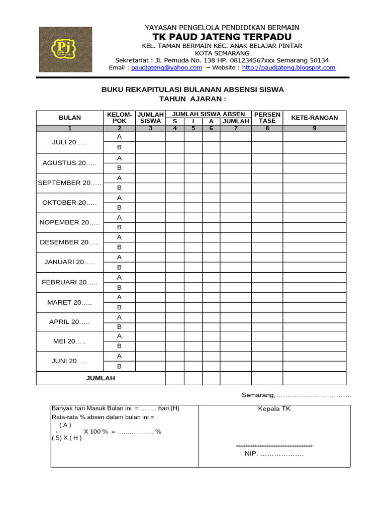 Buku Rekap Absensi Bulanan Anak Paud TK | PDF