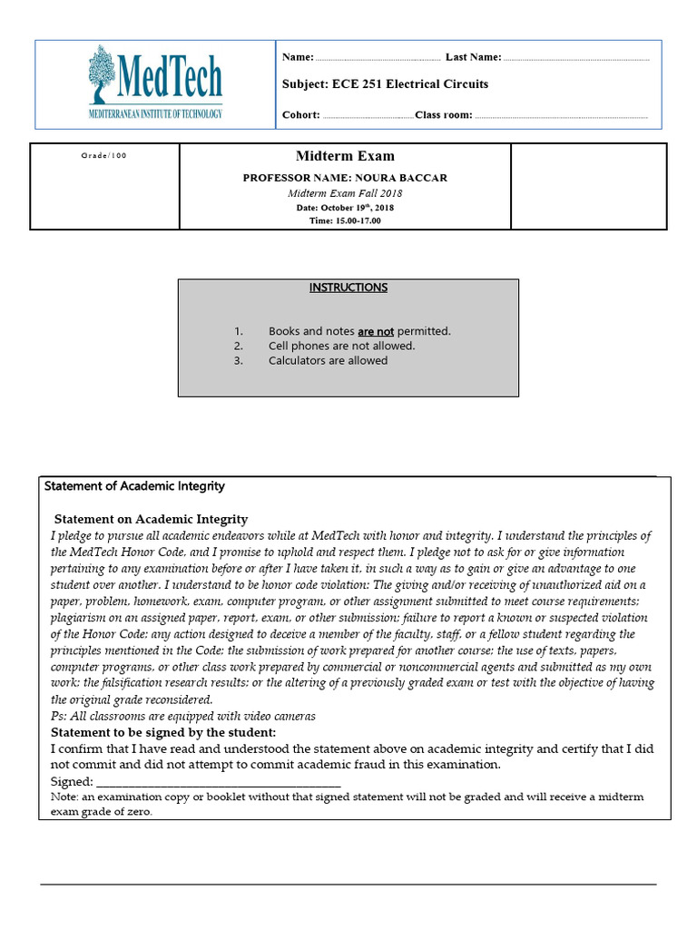 ECE 251 Midterm Exam Sample 1 | PDF | Resistor | Electronic Engineering