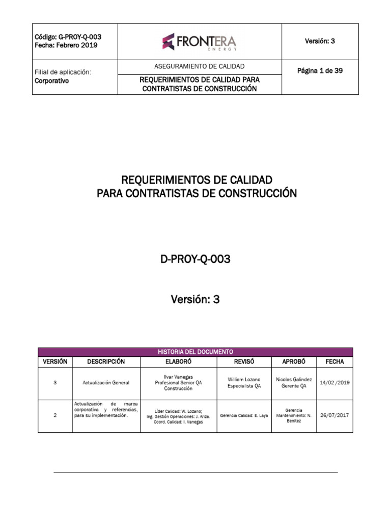 G-proy-q-003-V3 Requerimientos de Calidad Contratistas Construcci n | PDF | Calidad (comercial ...