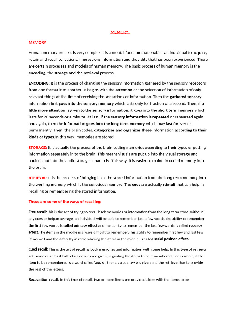 Psychology: MEMORY & FORGETTING | PDF | Recall (Memory) | Memory
