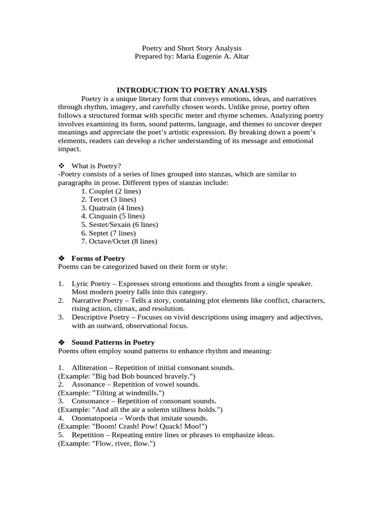 Poetry and Short Story Analysis Guide | PDF | Poetry | Narration
