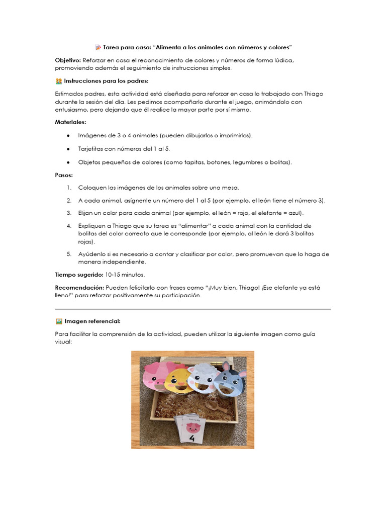Tarea para Casa Alimenta A Los Animales Con Números y Colores Thiago ...