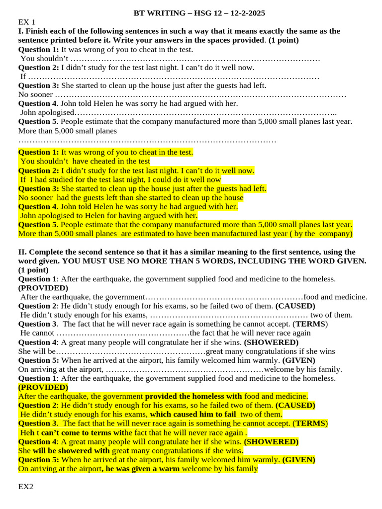 BT Writing HSG 12 - 12-2-2025 - Key | PDF | Critical Thinking