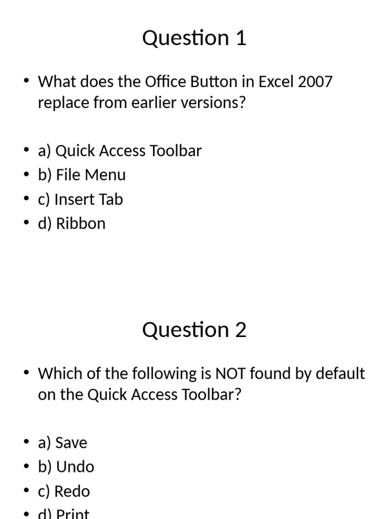 Excel Lab MCQs | PDF
