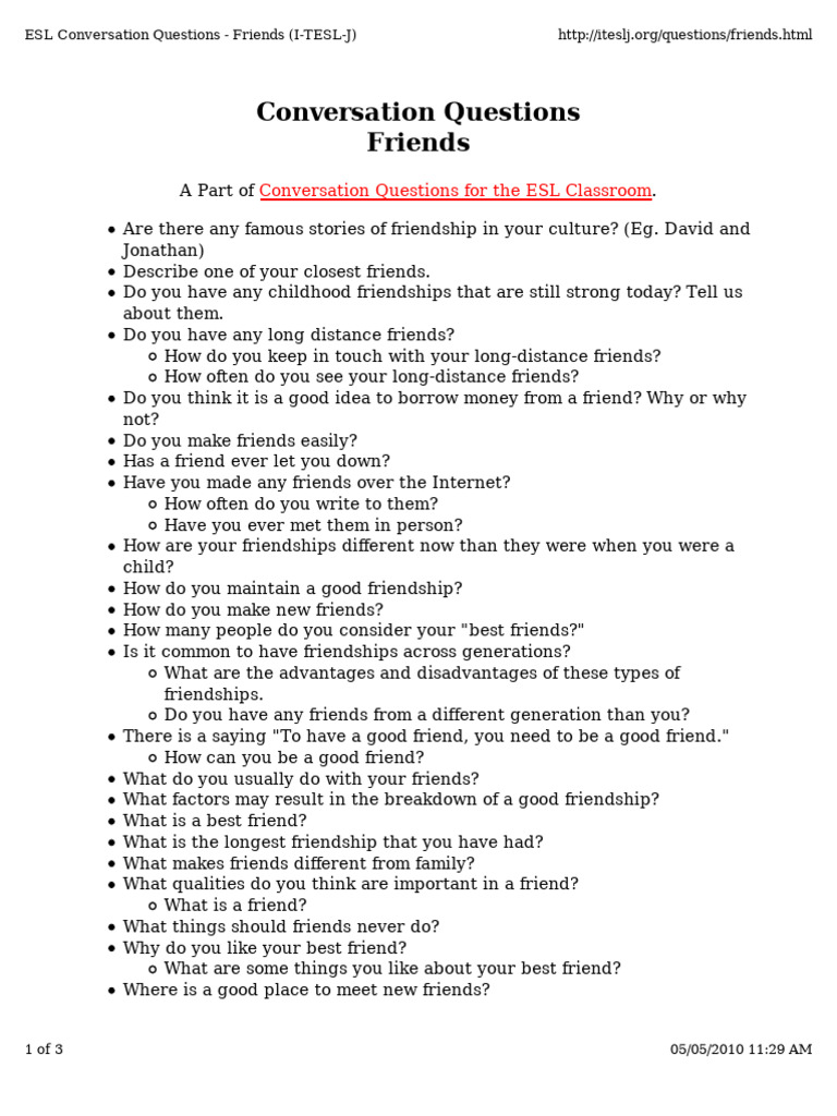 ESL Conversation Questions - Friends I-TESL-J | PDF | Friendship ...