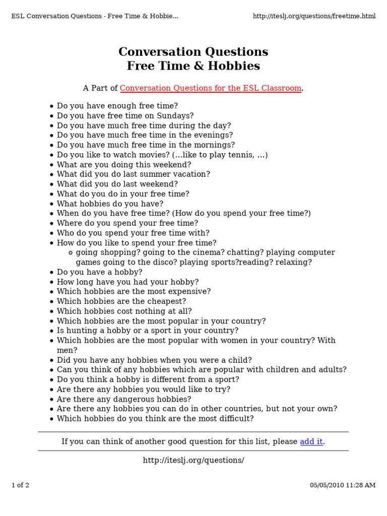 ESL Conversation Questions - Free Time Hobbies I-TESL-J | PDF
