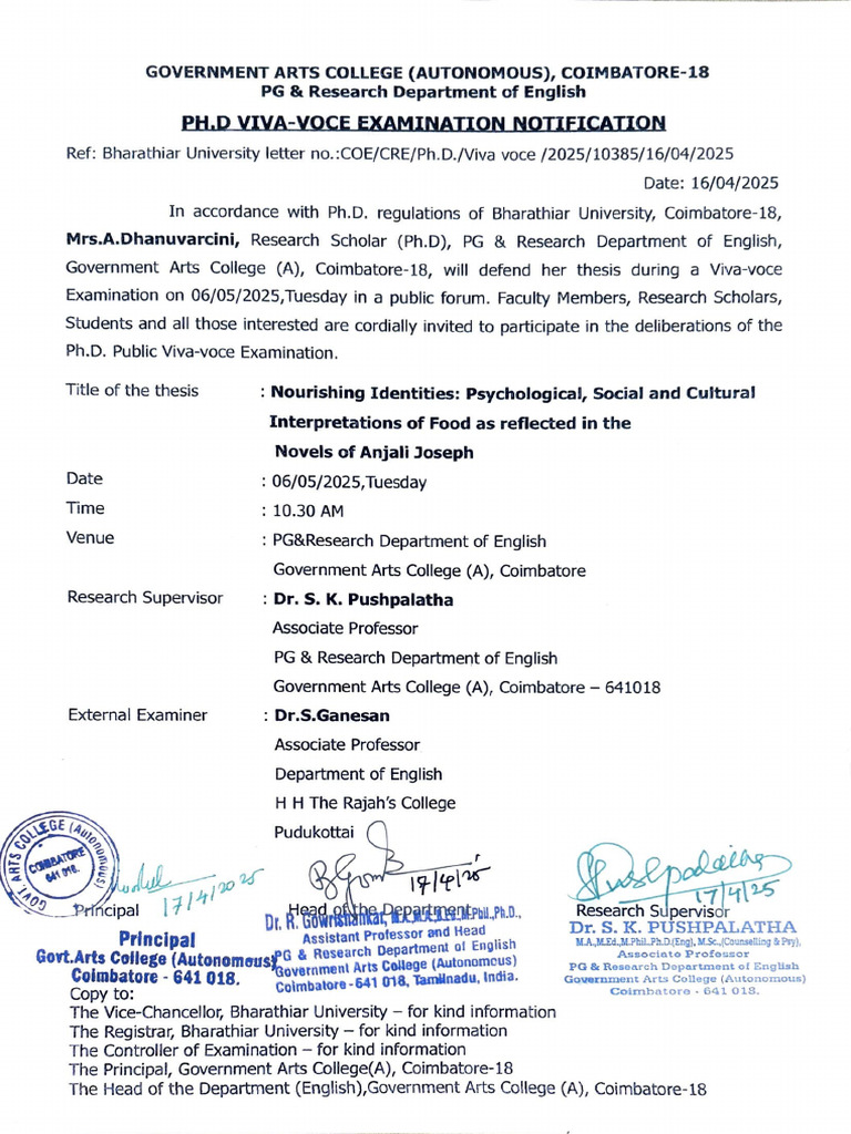 PH.D Viva Notification SKP Dhanuvarcini | PDF | Thesis | Educational ...