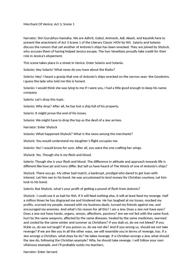 Merchant of Venice Act 3 Scene 1 Summary | PDF | Shylock | The Merchant ...
