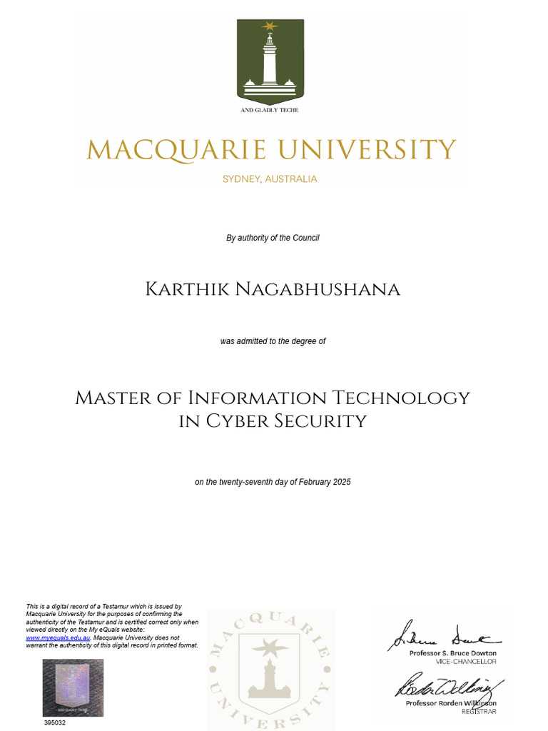 Master of Information Technology in Cyber Security Testamur | PDF