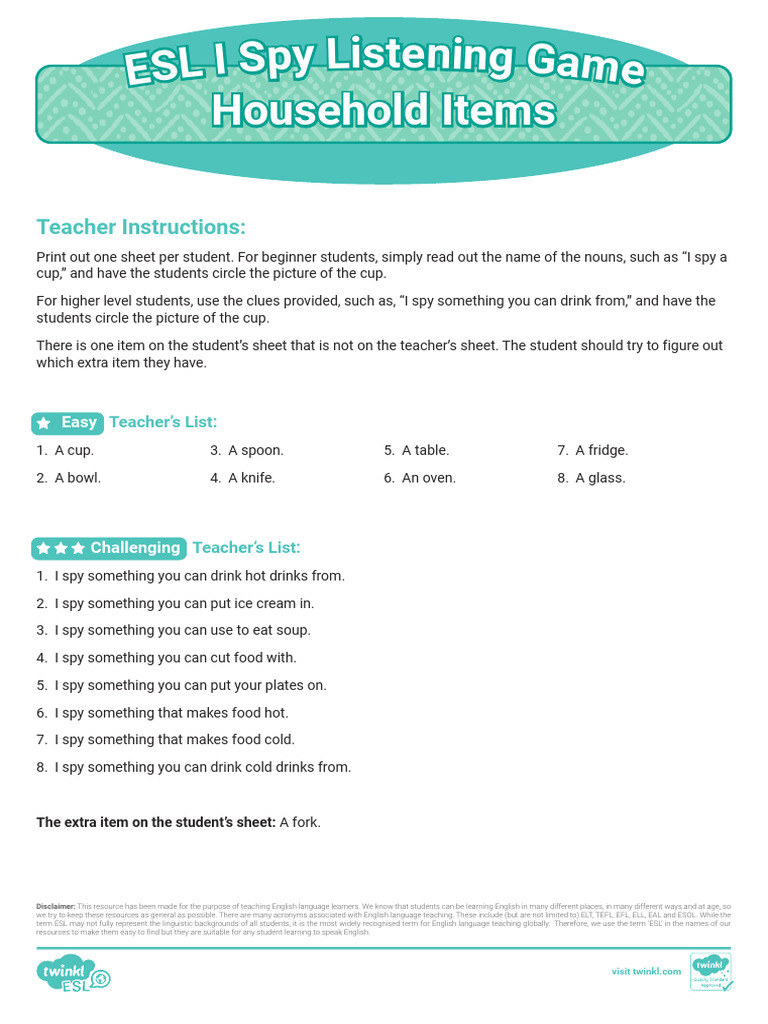 ESL I Spy Listening Game - Household Items | PDF | English As A Second ...