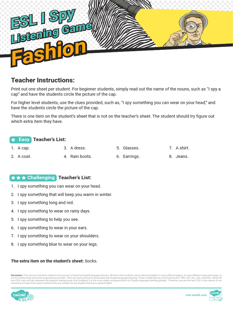 ESL I Spy Listening Game Instructions | PDF | English As A Second Or ...