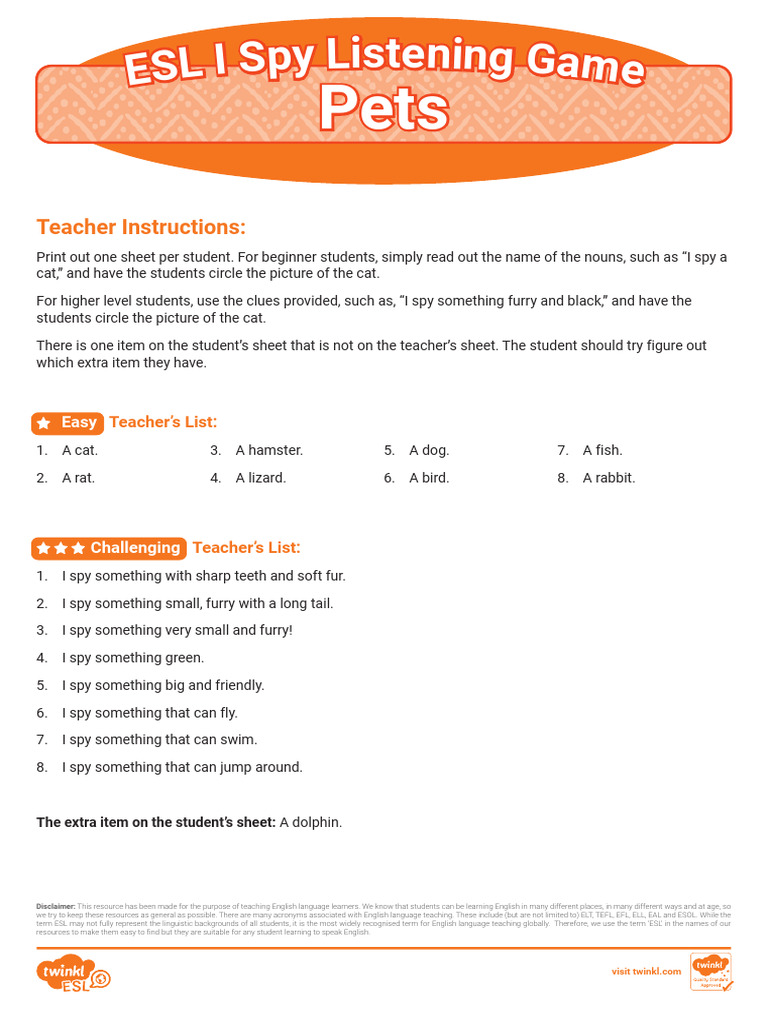 ESL I Spy Listening Game - Pets | PDF | English As A Second Or Foreign ...