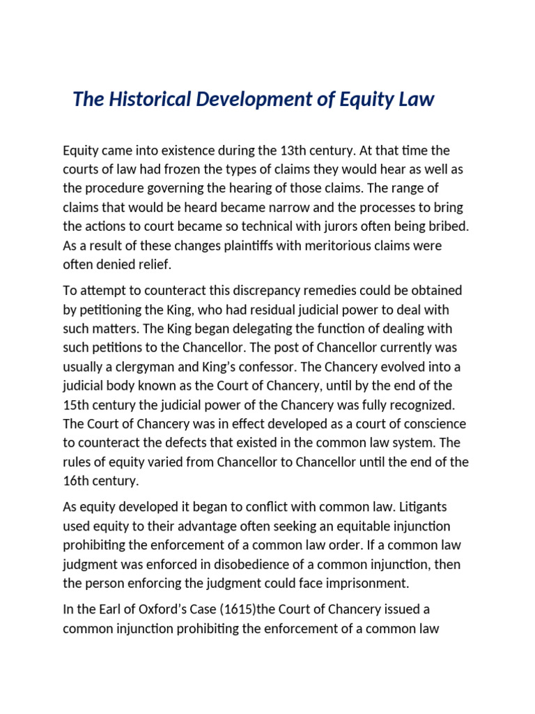The Historical Development of Equity Law | PDF | Equity (Law) | Court ...