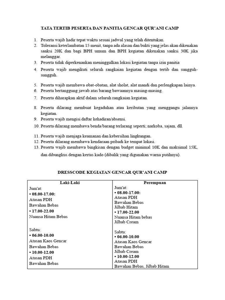 Tata tertib & Dresscode Gencar Qur'ani | PDF