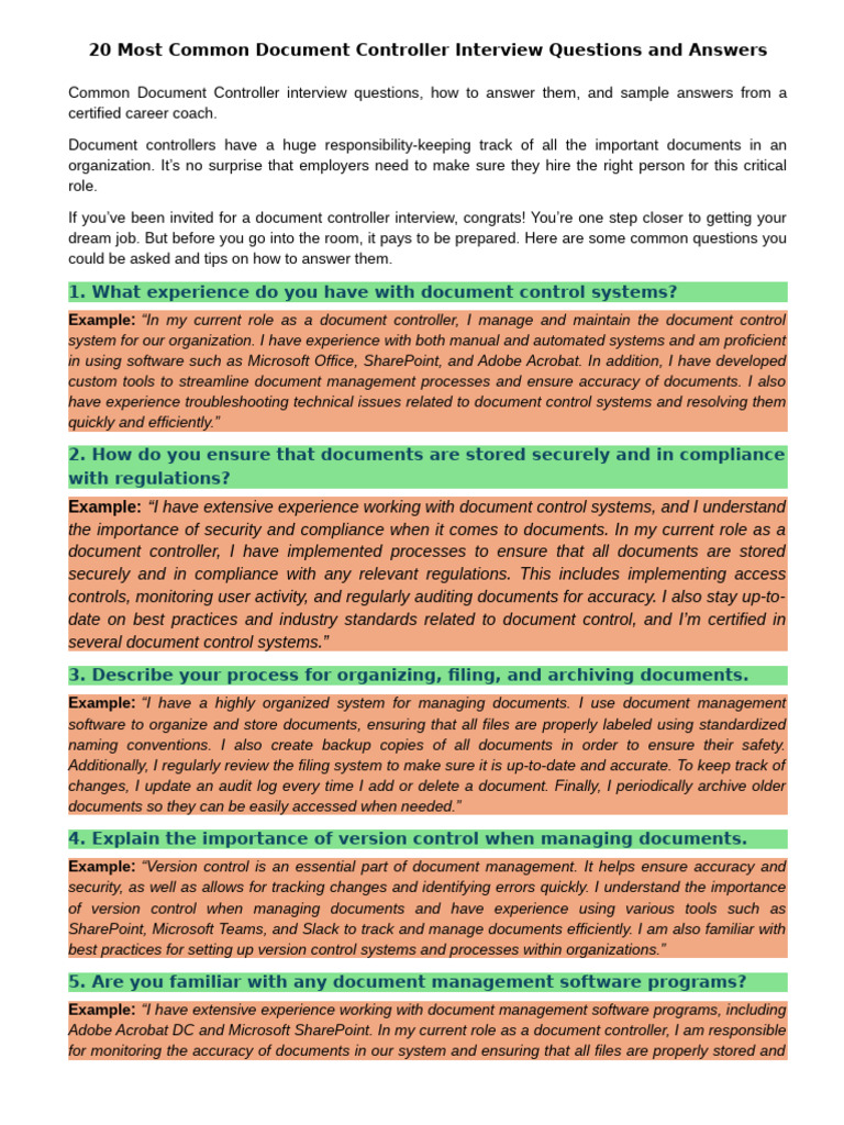 Doc. Controller Interview 20 Questions and Answers | PDF | Version Control | Regulatory Compliance
