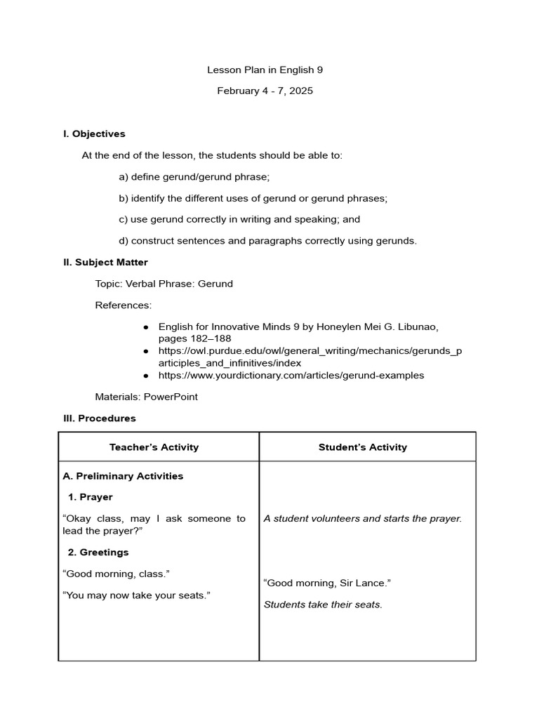 Lesson Plan in English 9 - Verbal Phrase - Gerund | PDF | Verb | Object ...