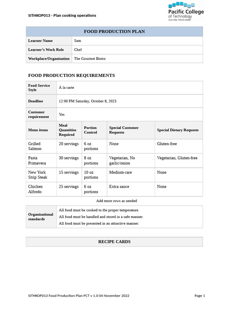 SITHKOP013 Food Production Plan Template v1.0 Final | PDF | Cooking ...