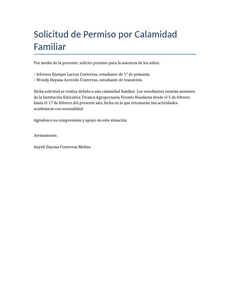 Solicitud Permiso Calamidad Familiar | PDF