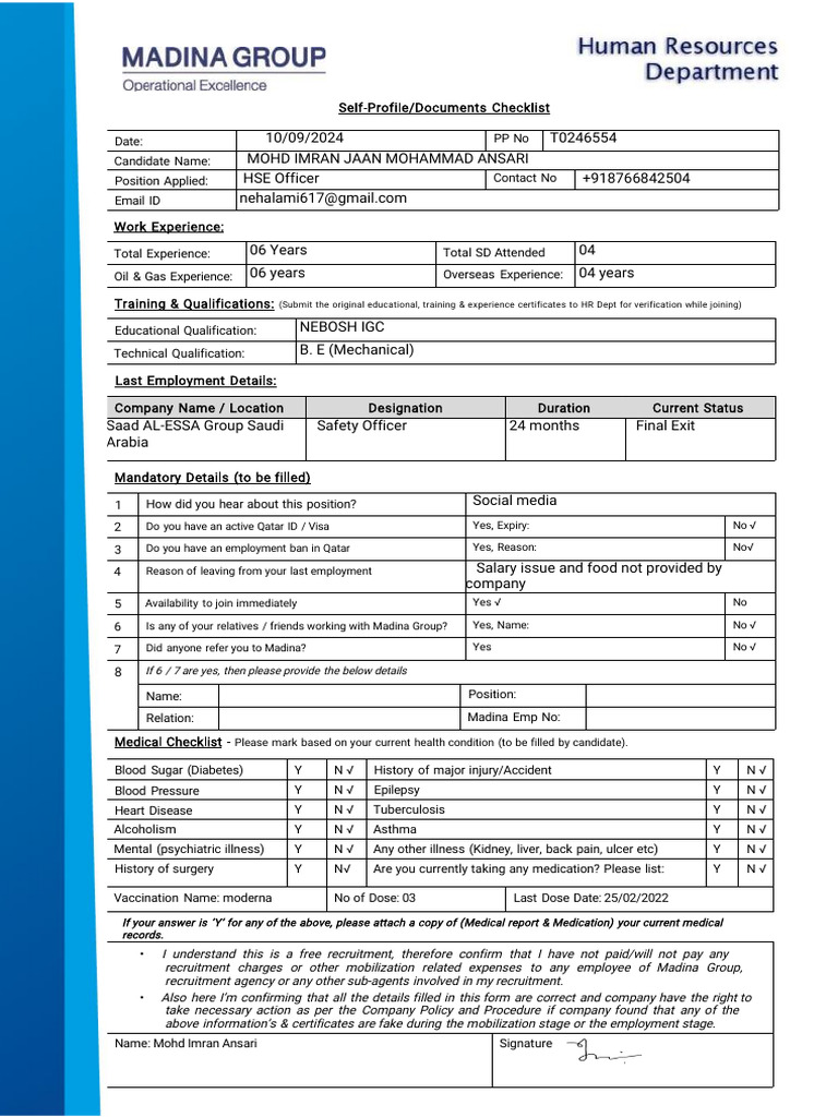 HSE Officer Application Checklist | PDF | Medical Specialties