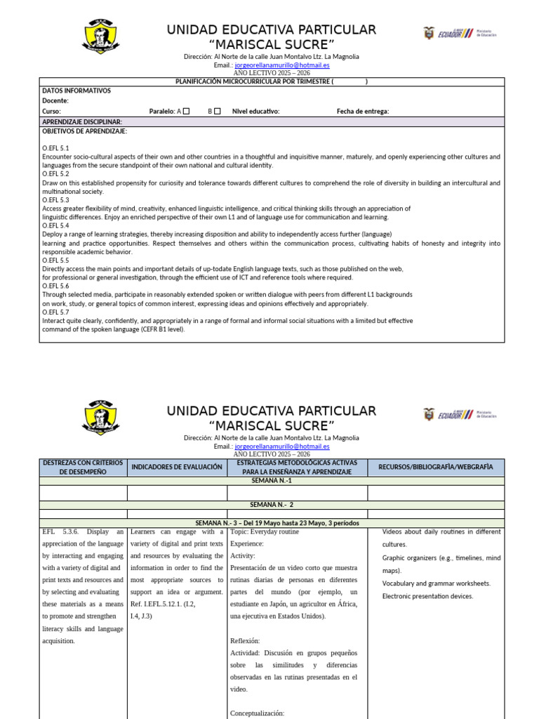 MATRIZ MICROCURRICULAR 1BGU Ingles 2025 2026 | PDF | Enseñando ...
